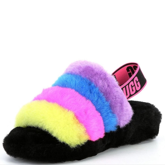 UGG | Shoes | Ugg Logo Fluff Yeah Multicolor Fur Slides Slippers | Poshmark